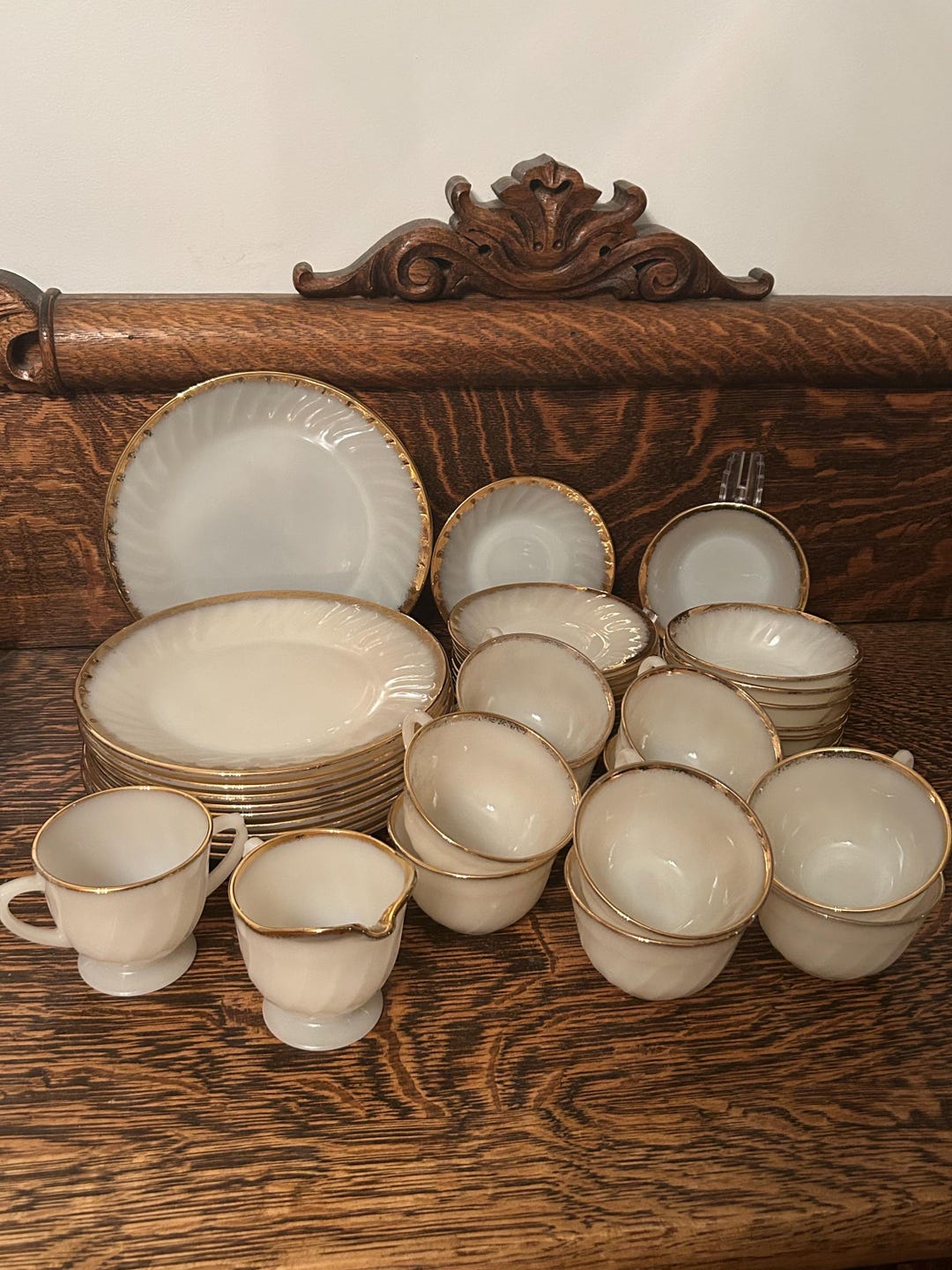Vintage Fire-king Ovenware Suburbia Gold Trim Dinnerware Tea Cups ...