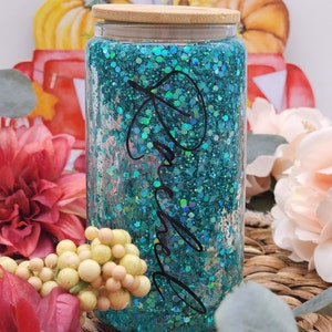 Teal Snow Globe Tumbler With Name, Peacock Glitter Custom Snow Globe ...