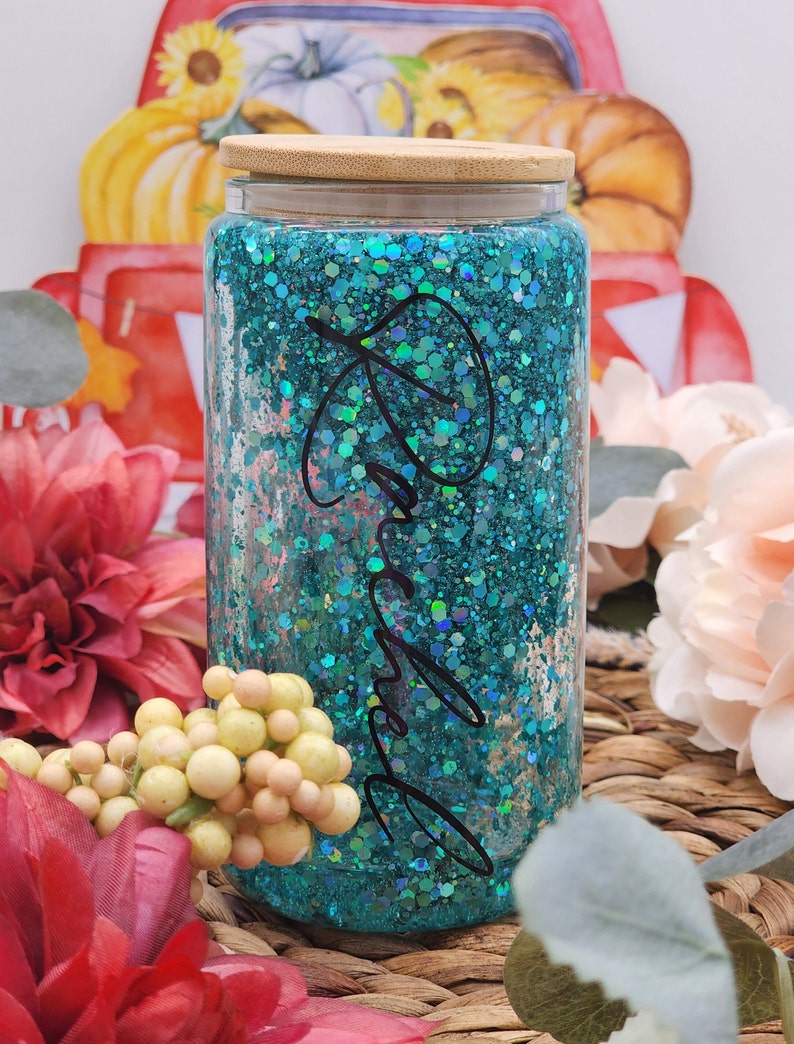 Teal Snow Globe Tumbler With Name Peacock Glitter Custom Snow - Etsy