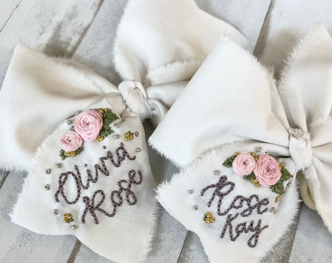Hand Embroidered Bow, Custom Name Bow, Name Gift for Kids, Personalized ...