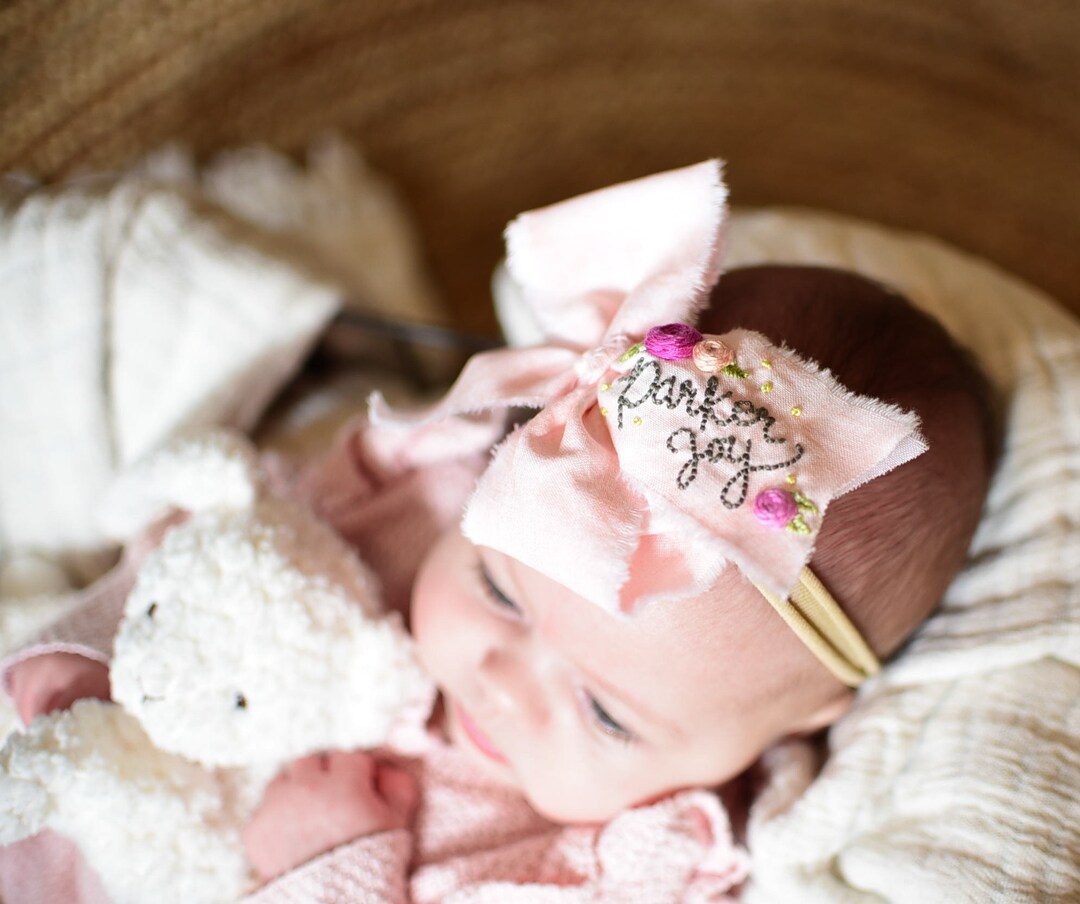 Hand Embroidered Bow, Custom Name Bows, Personalized Bow, Baby Shower ...