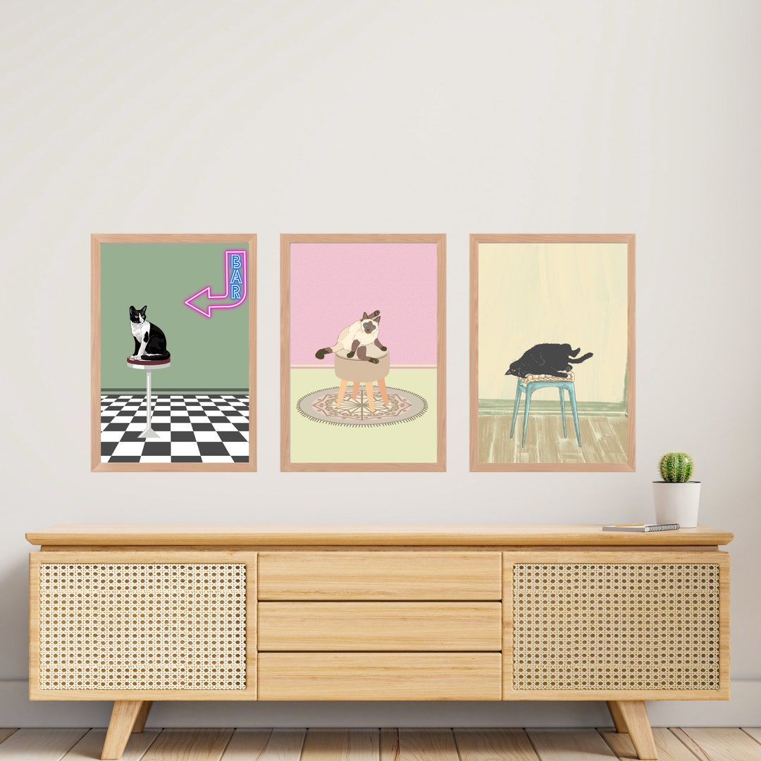 Cat on a Stool. A Bundle of Three Digital Wall Prints, 3 Cats Art Print ...
