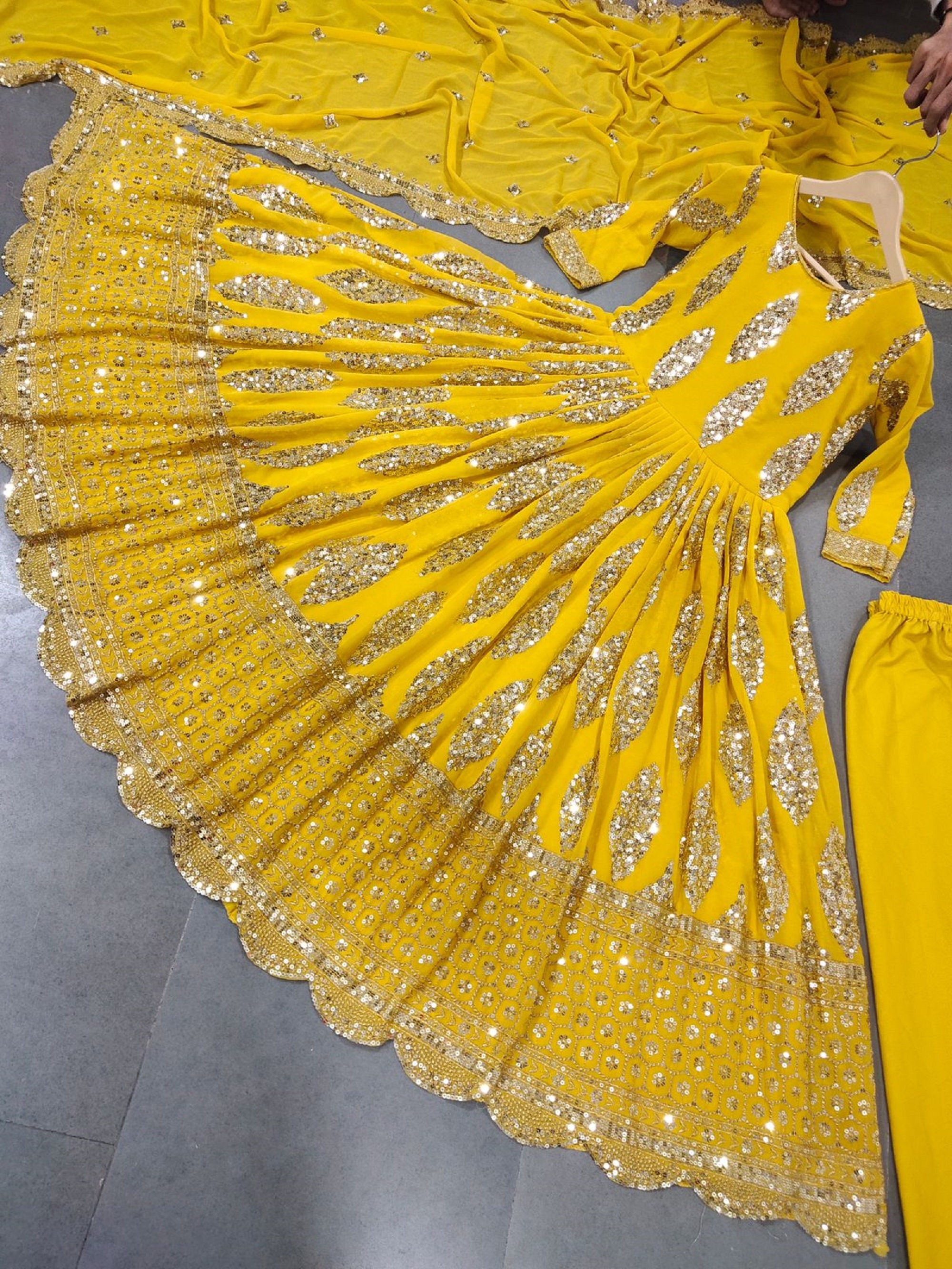 Anarkali Dresses Sequence Work Yellow Color Dress Wedding - Etsy