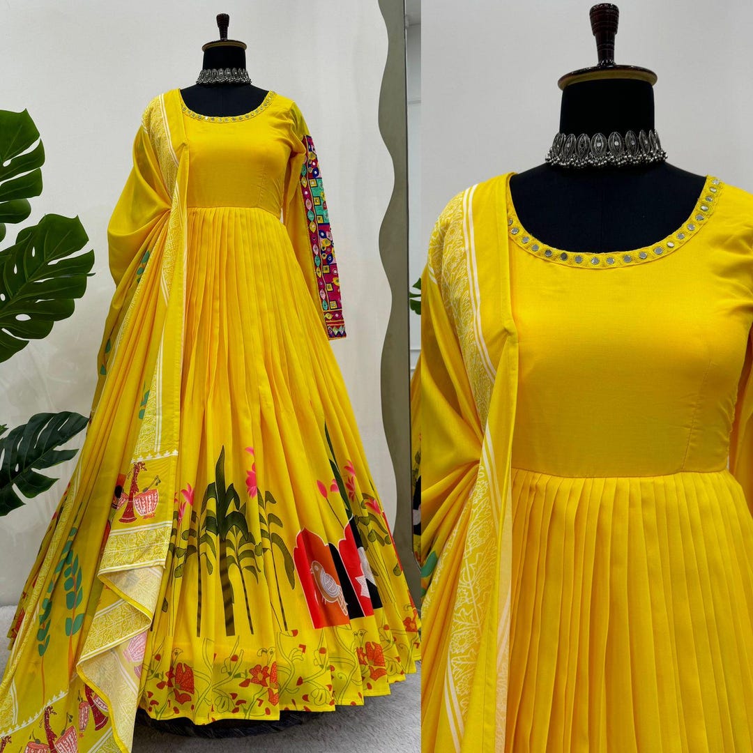 Navratri Dress Big Flair Yellow Color Gown Indian Traditional Dress - Etsy