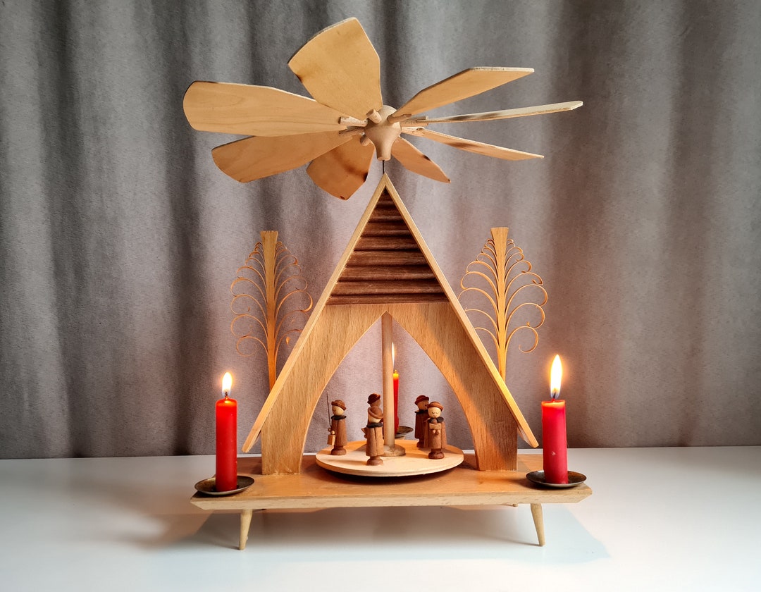 Vintage German Pyramid With Wooden Figurines and 3 Candles in Original ...