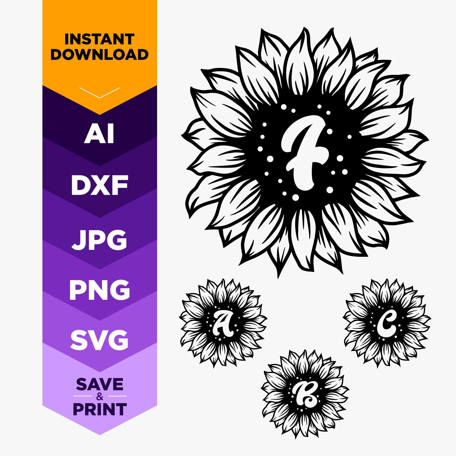 A-Z Sunflower Complete Alphabet Cut Files | Initials Monogram Letters ...