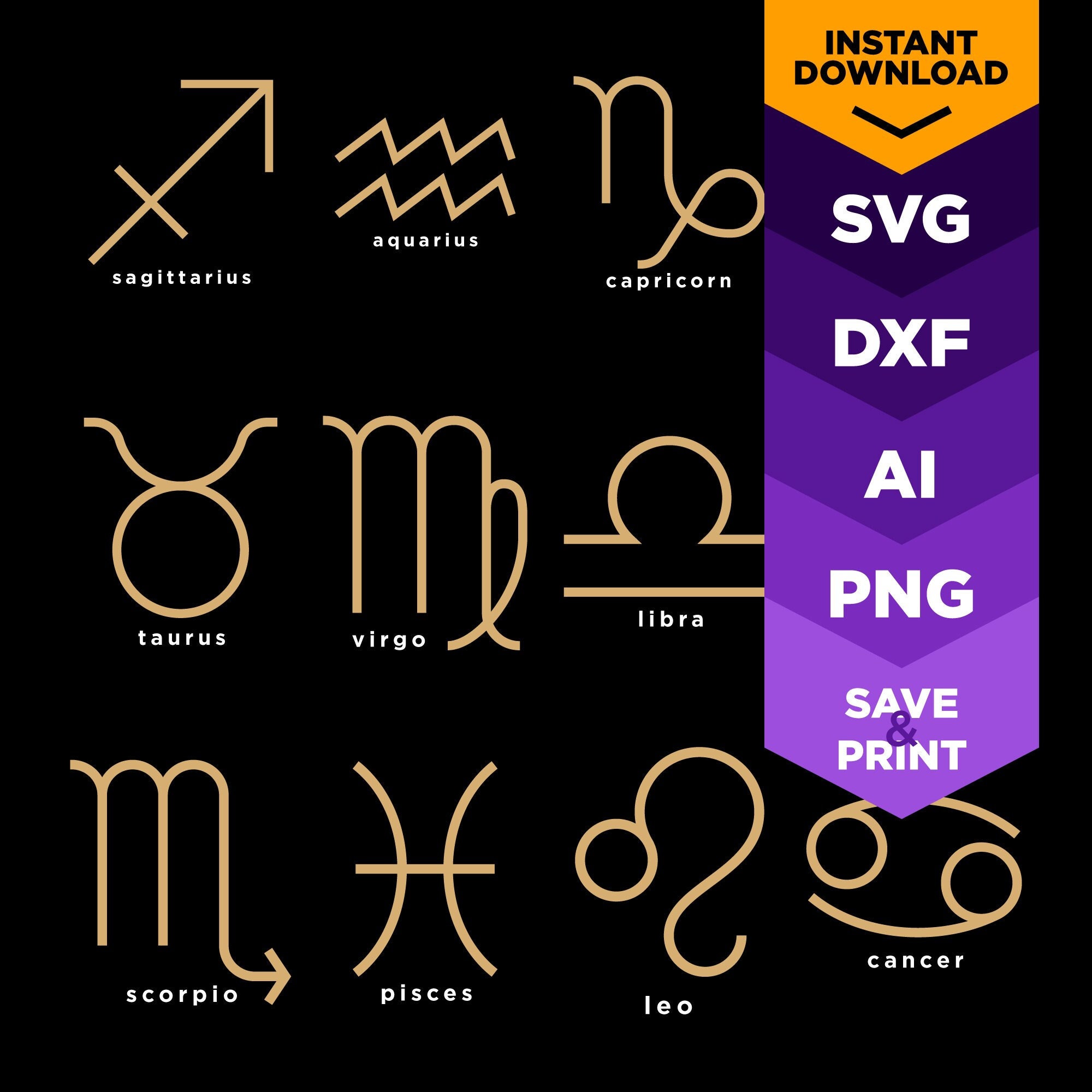 Minimalist 12 Zodiac Signs SVG Bundle, Horoscope, Zodiac Signs Clipart ...