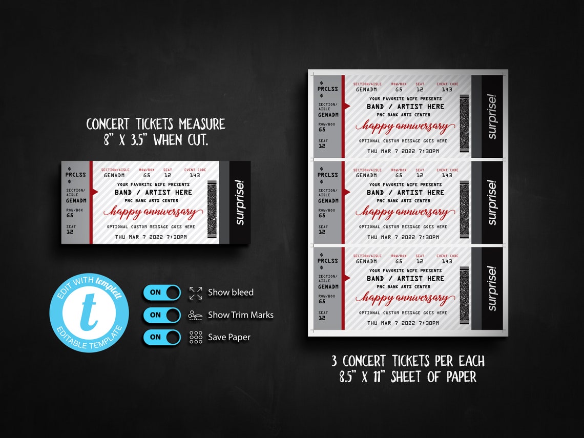 Printable Concert Ticket Gift Surprise Editable Template | Etsy