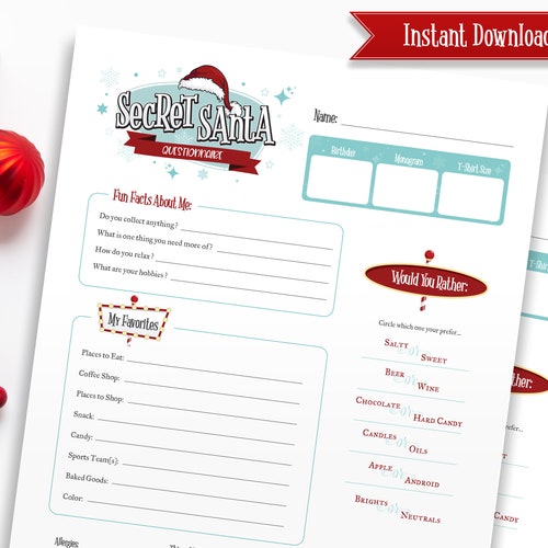 Secret Santa Gift Exchange Printable Gift Questionnaire - Etsy