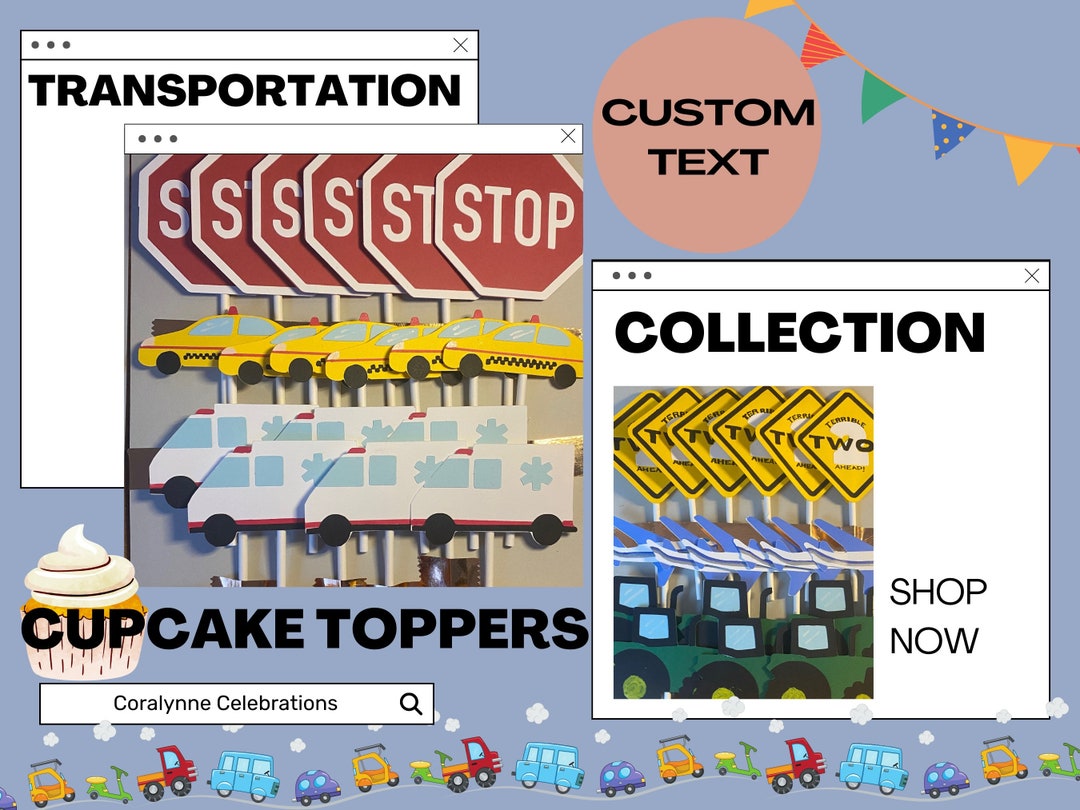 Transportation Cupcake Toppers, Bus Cupcake Topper, Plane Cupcake ...