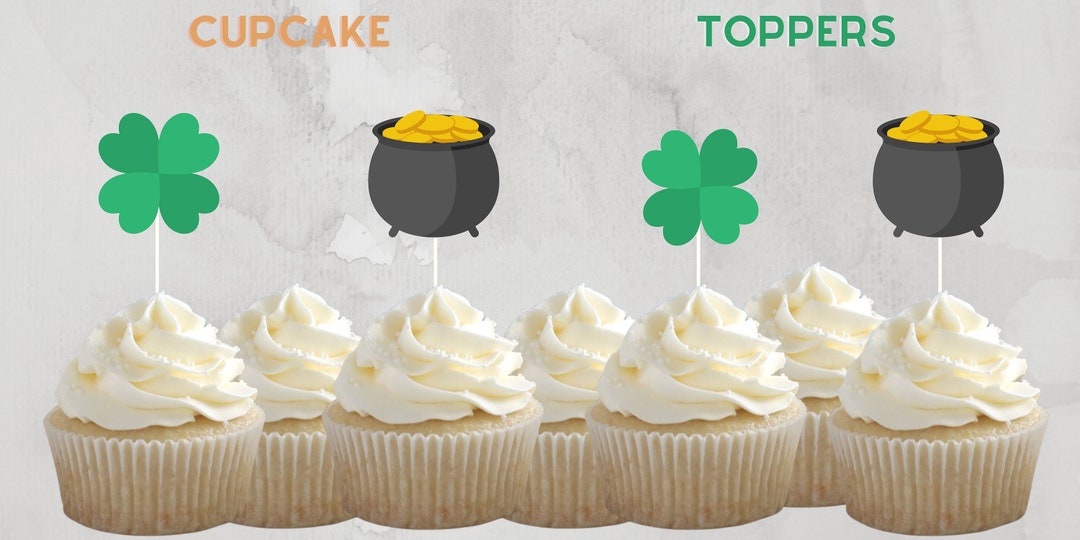 St. Patrick's Day Shamrock & Gold Pot Cupcake Toppers, Green, Gold ...