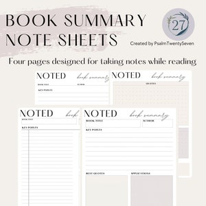 Book Summary Note Sheets (digital) - Four Pages - Etsy