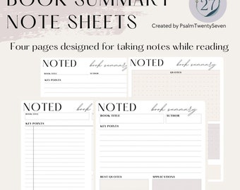 Book Summary Note Sheets (digital) - Four Pages - Etsy