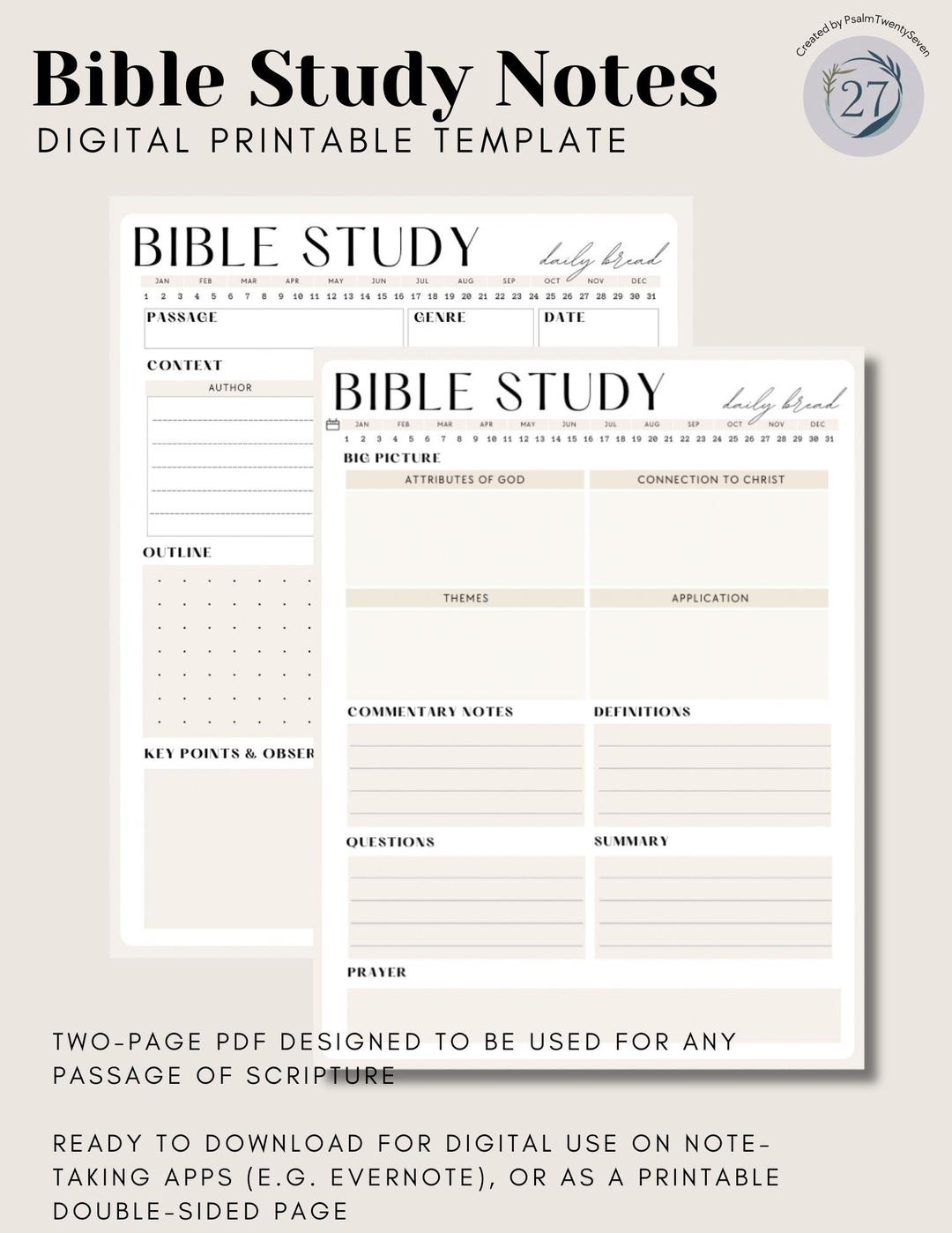 Bible Study Template (digital) - Two Page Reusable Note Sheet - Etsy