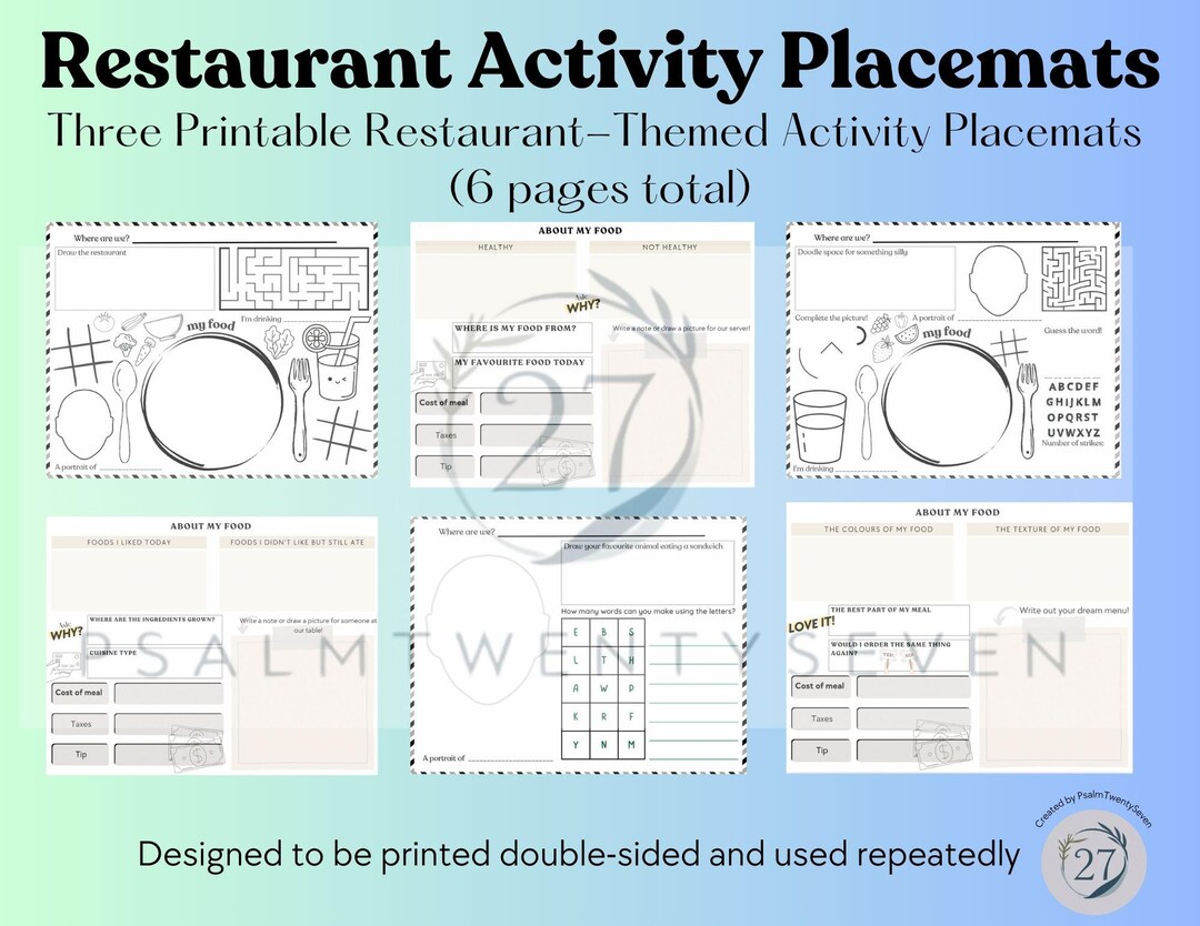 Restaurant-themed Activity Placemats (digital) - Educational Activity ...