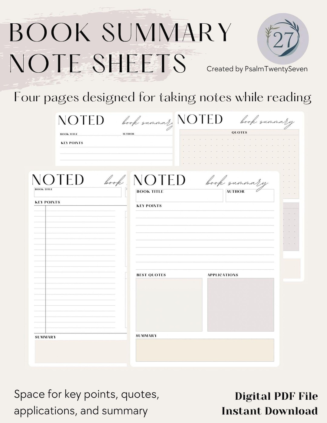Book Summary Note Sheets (digital) - Four Pages - Etsy