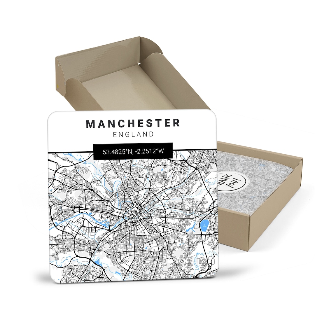 Manchester Map Coasters, Manchester Art, England Manchester Map ...