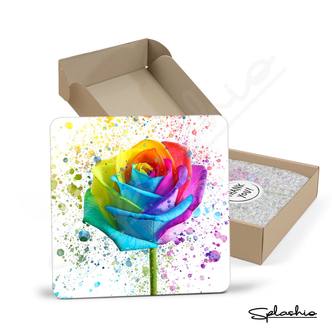 Rainbow Rose Splatter Art Coaster: High Gloss Colorful Floral - Etsy
