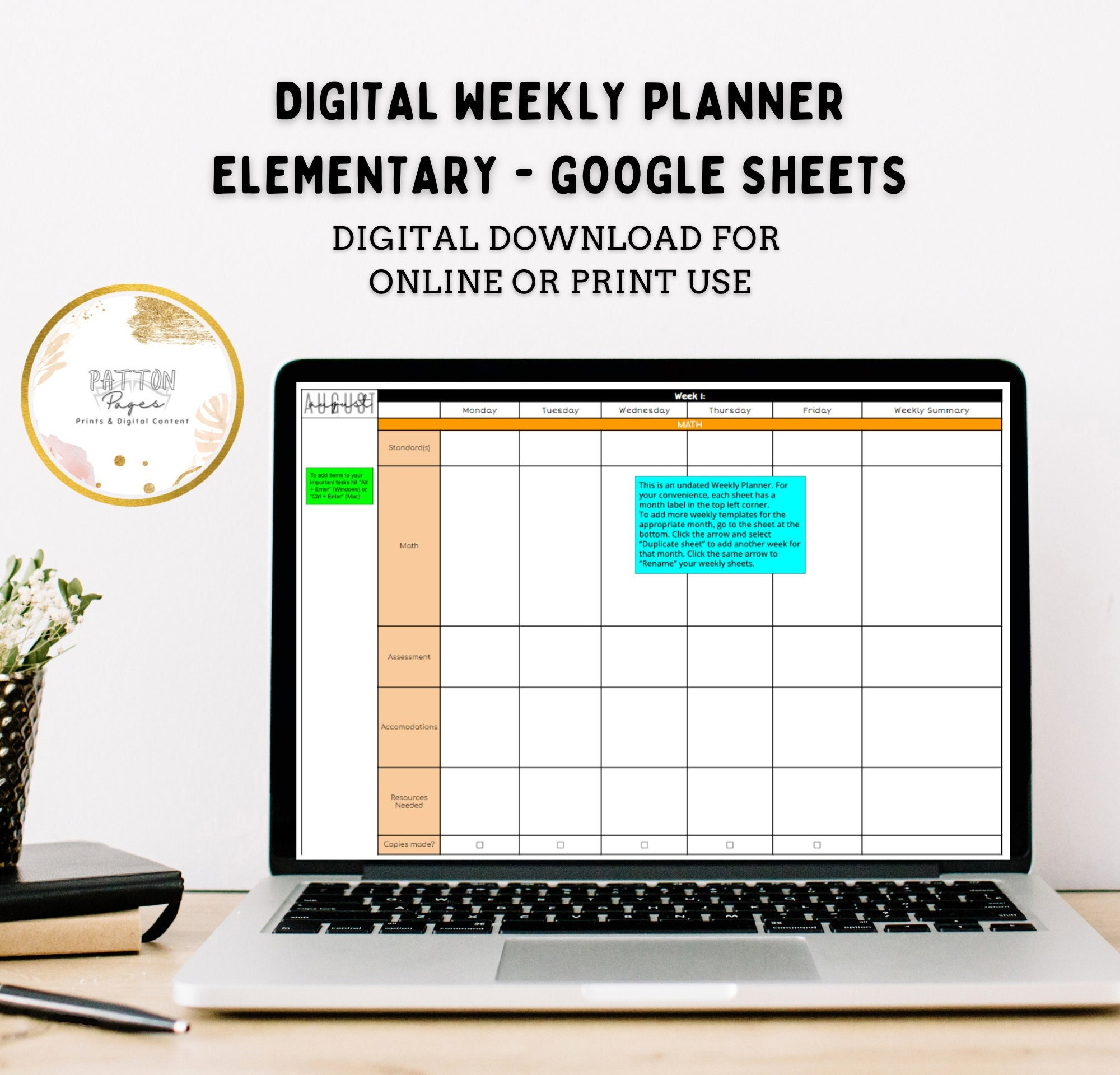 Weekly DIGITAL Planner - Google Sheets - Elementary - Etsy