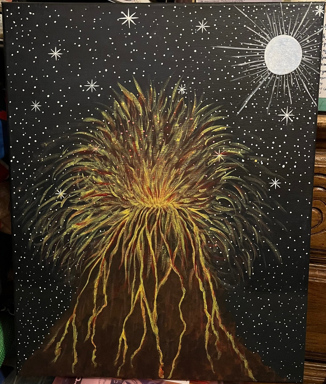Volcanic Eruption Like Fireworks With Moon and Stars Acrylic Painting ...