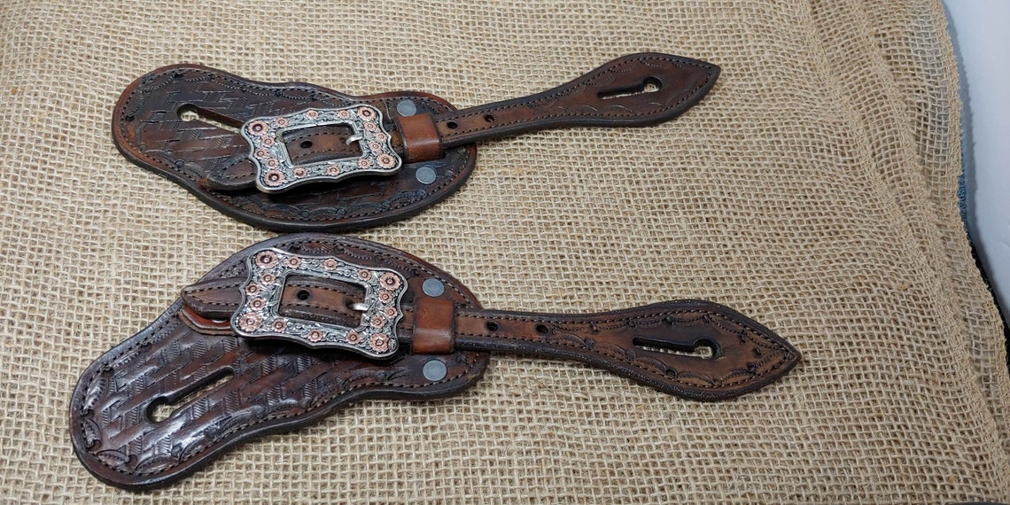 Tooled Leather Western Spur Straps With Silver Buckles. - Etsy