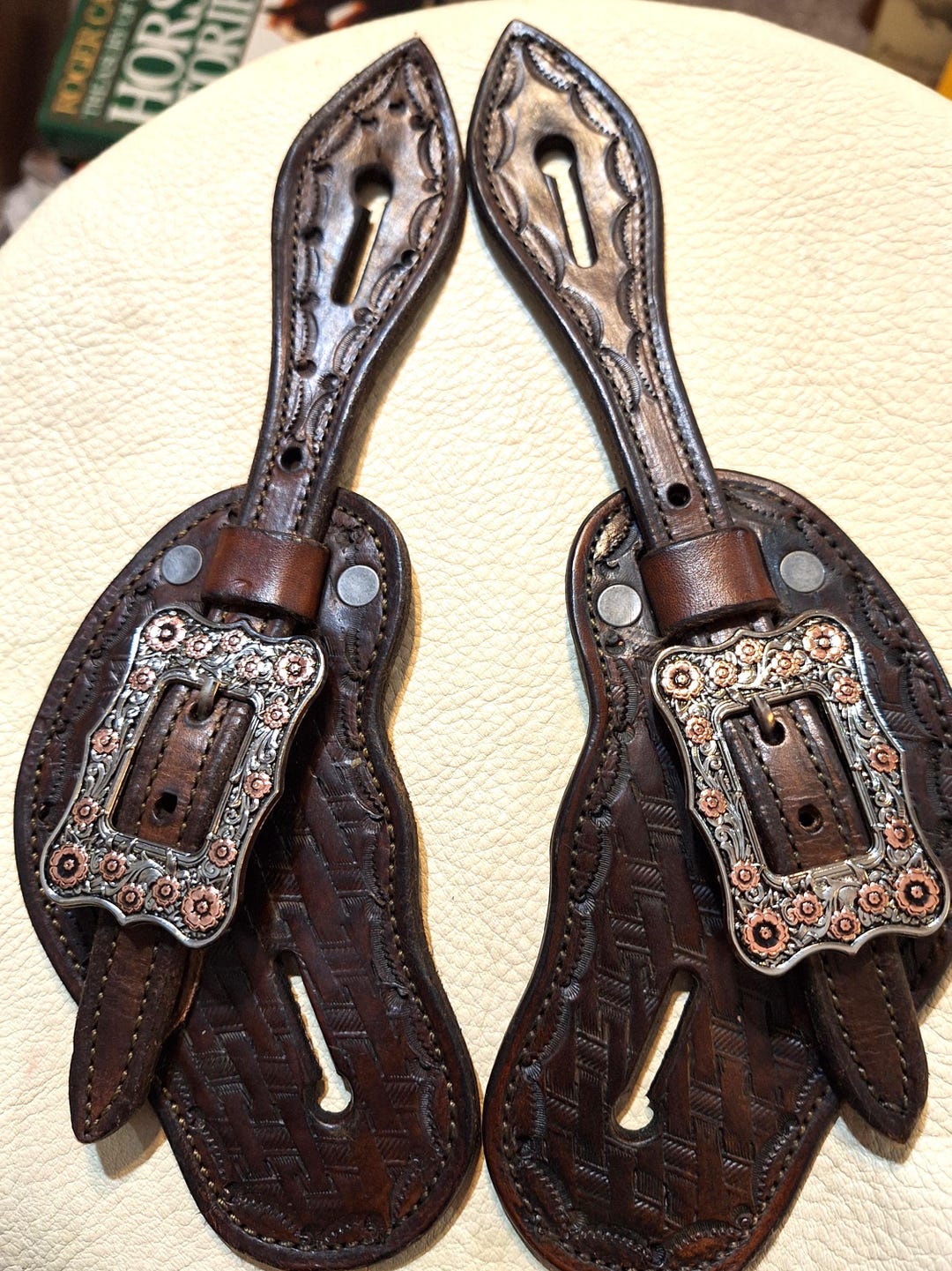 Handmade Tooled Leather Western Spur Straps With 2 Tone Buckles Antique ...
