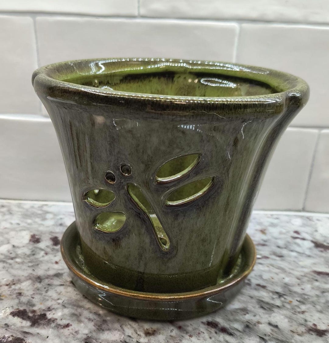 Glazed Orchid Pot With Attached Saucer 6", New Green Dragonfly - Etsy