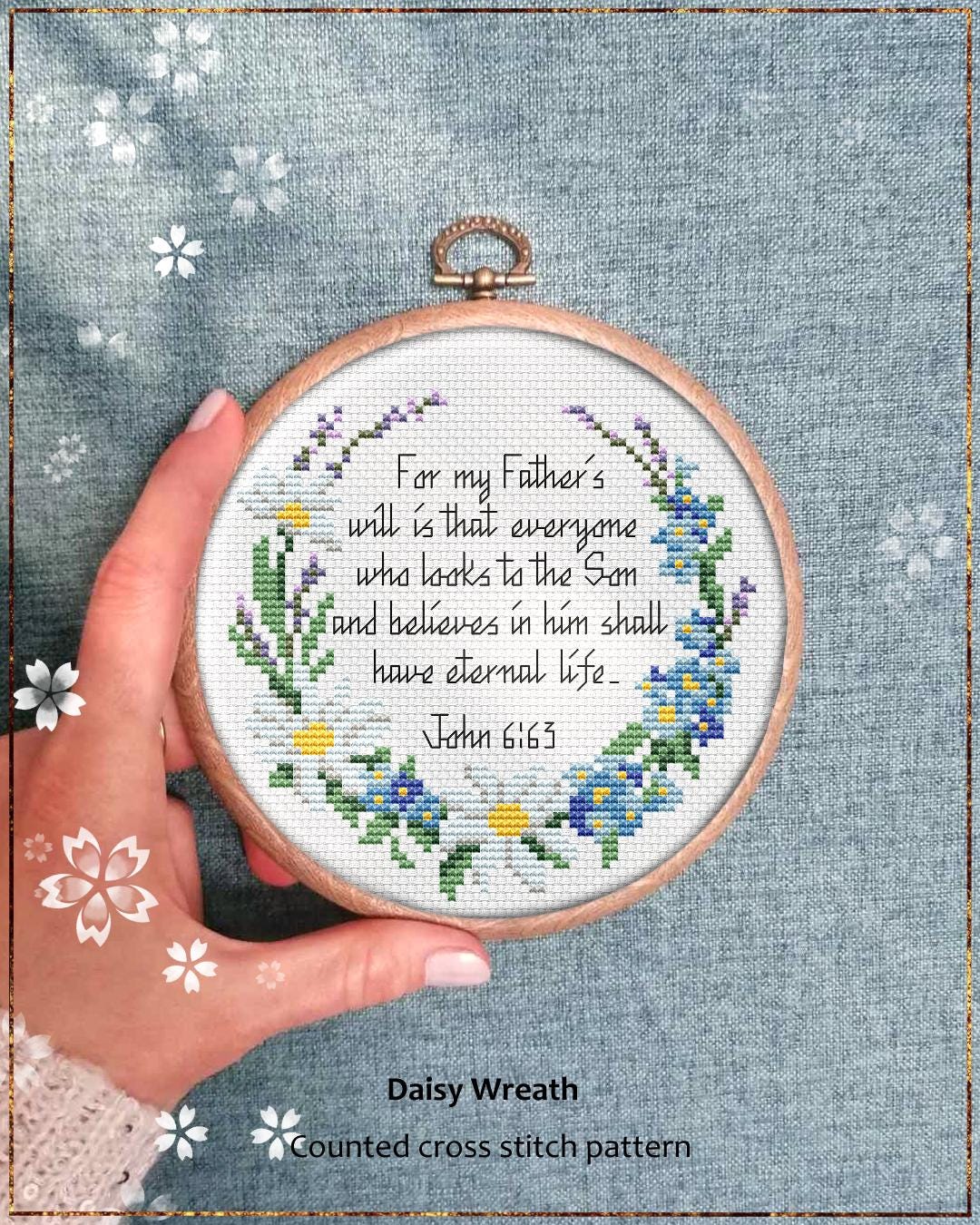 Daisy Wreath Cross Stitch Pattern, Christian Bible Verse (PDF) - Etsy