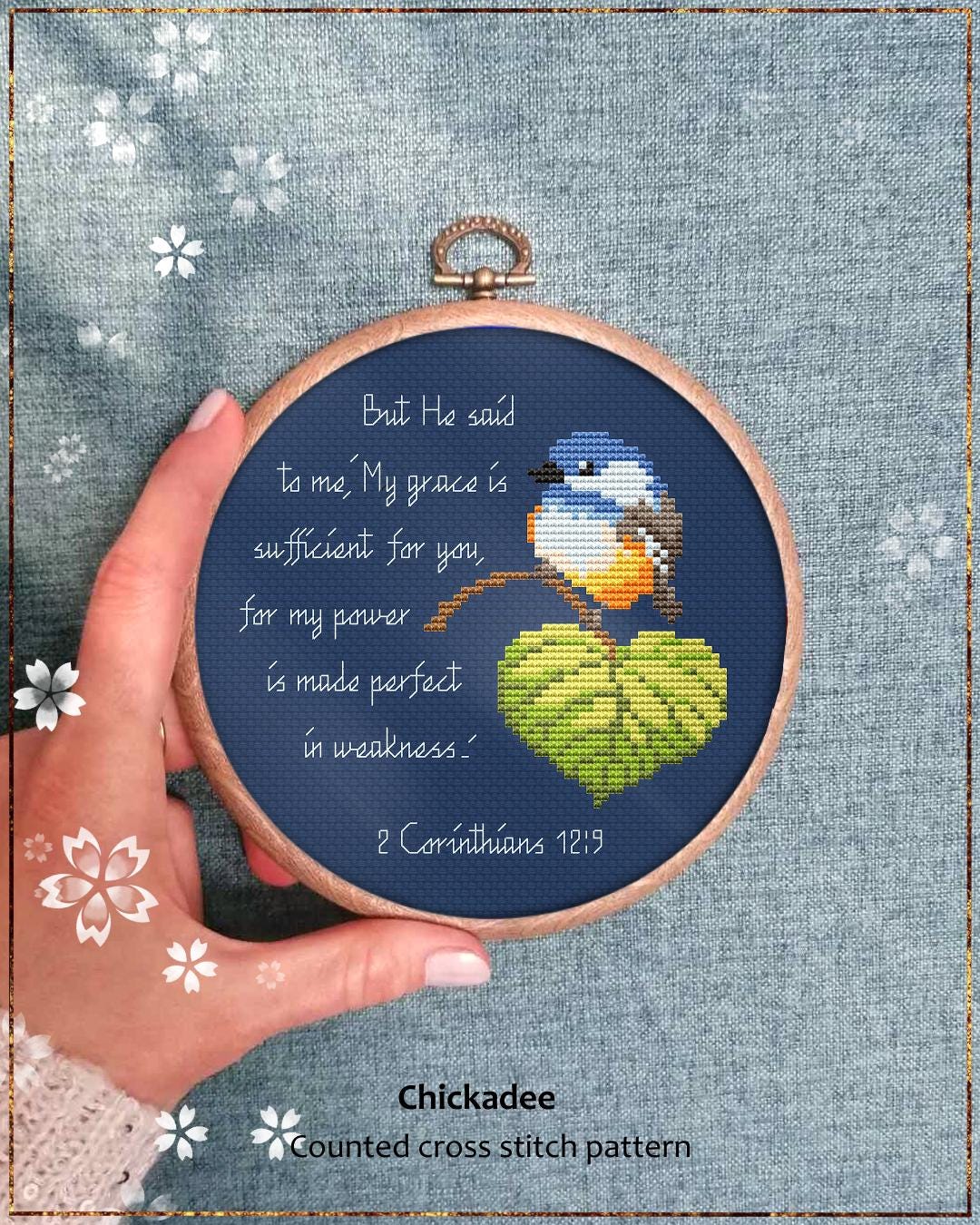 Chickadee Cross Stitch Pattern, Bible Verse Design 2 Corinthians 12 ...