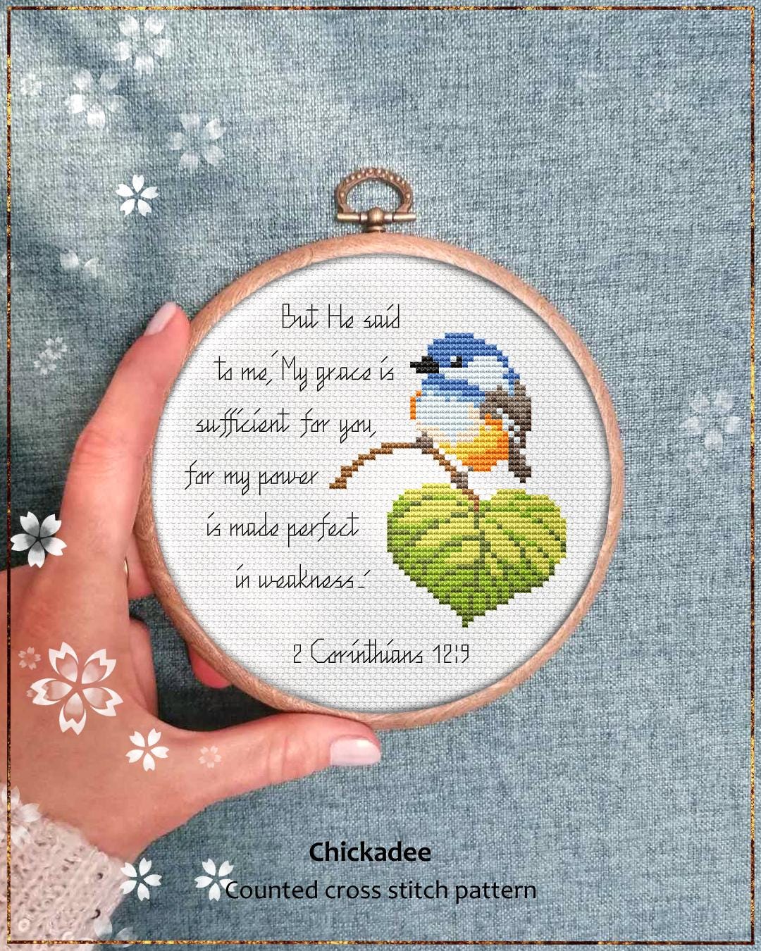 Chickadee Cross Stitch Pattern, Bible Verse Design 2 Corinthians 12 ...