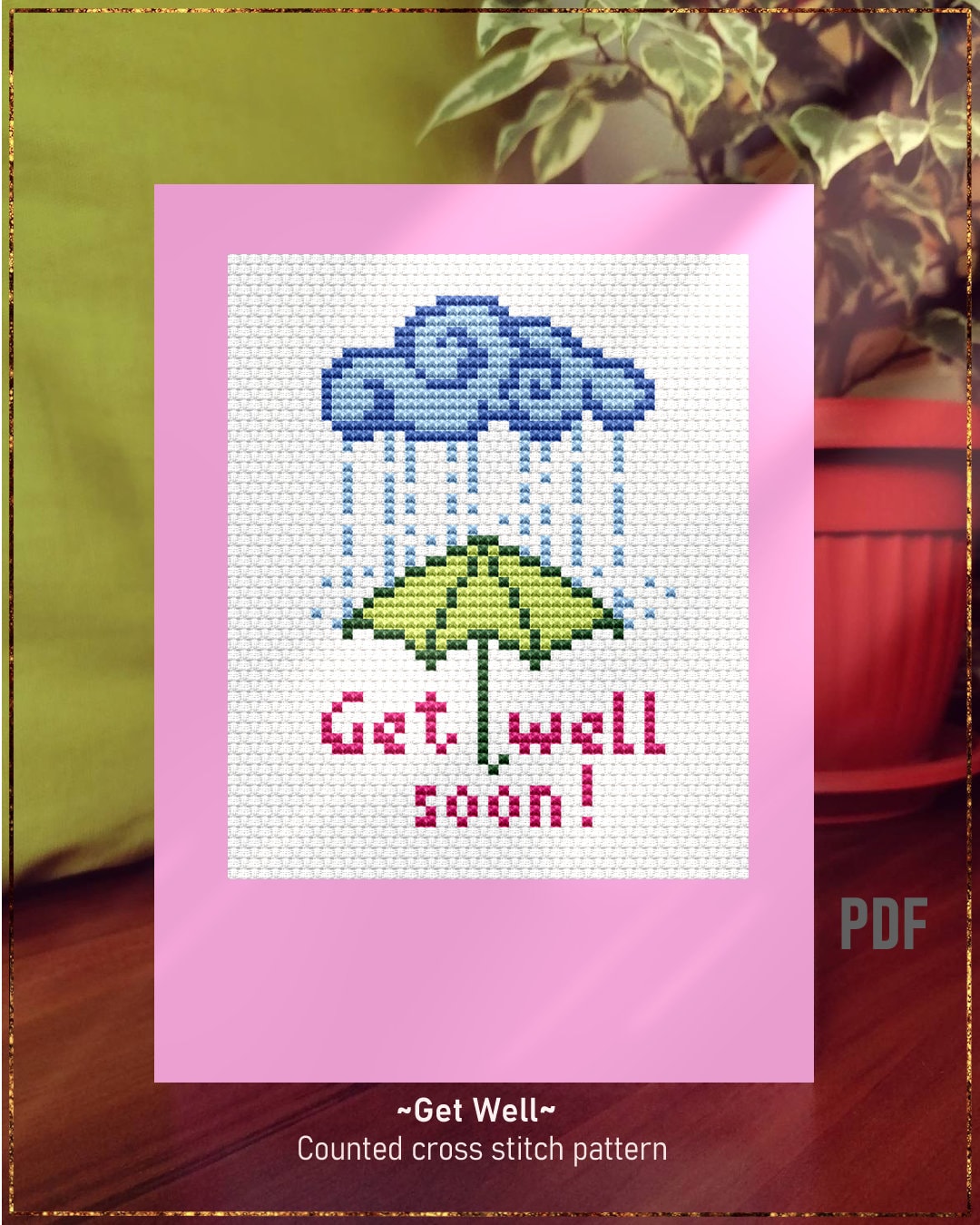 Get Well Soon Simple Cross-stitch Pattern for DIY Greeting Card Rainy ...