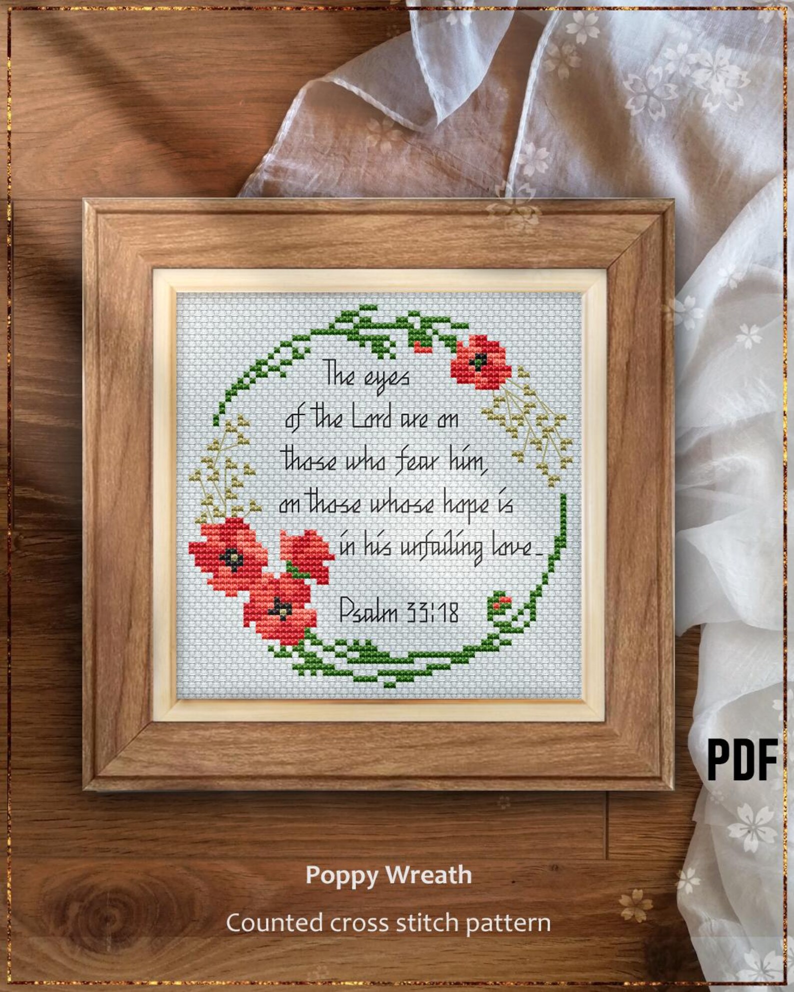 Poppy Wreath Cross Stitch Pattern, Bible Verse Design Psalms 33 (PDF ...