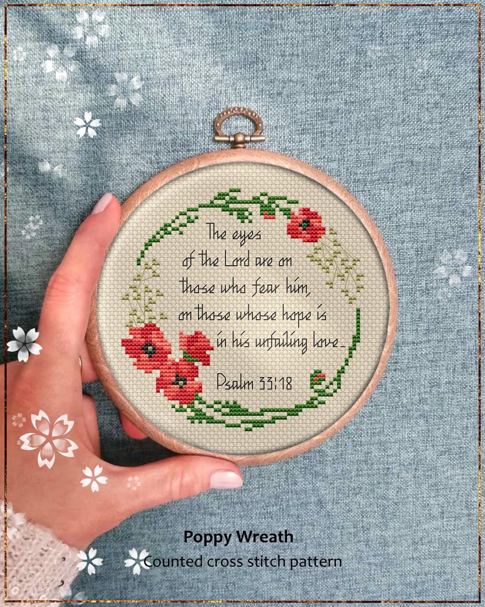 Poppy Wreath Cross Stitch Pattern, Bible Verse Design Psalms 33 (PDF ...