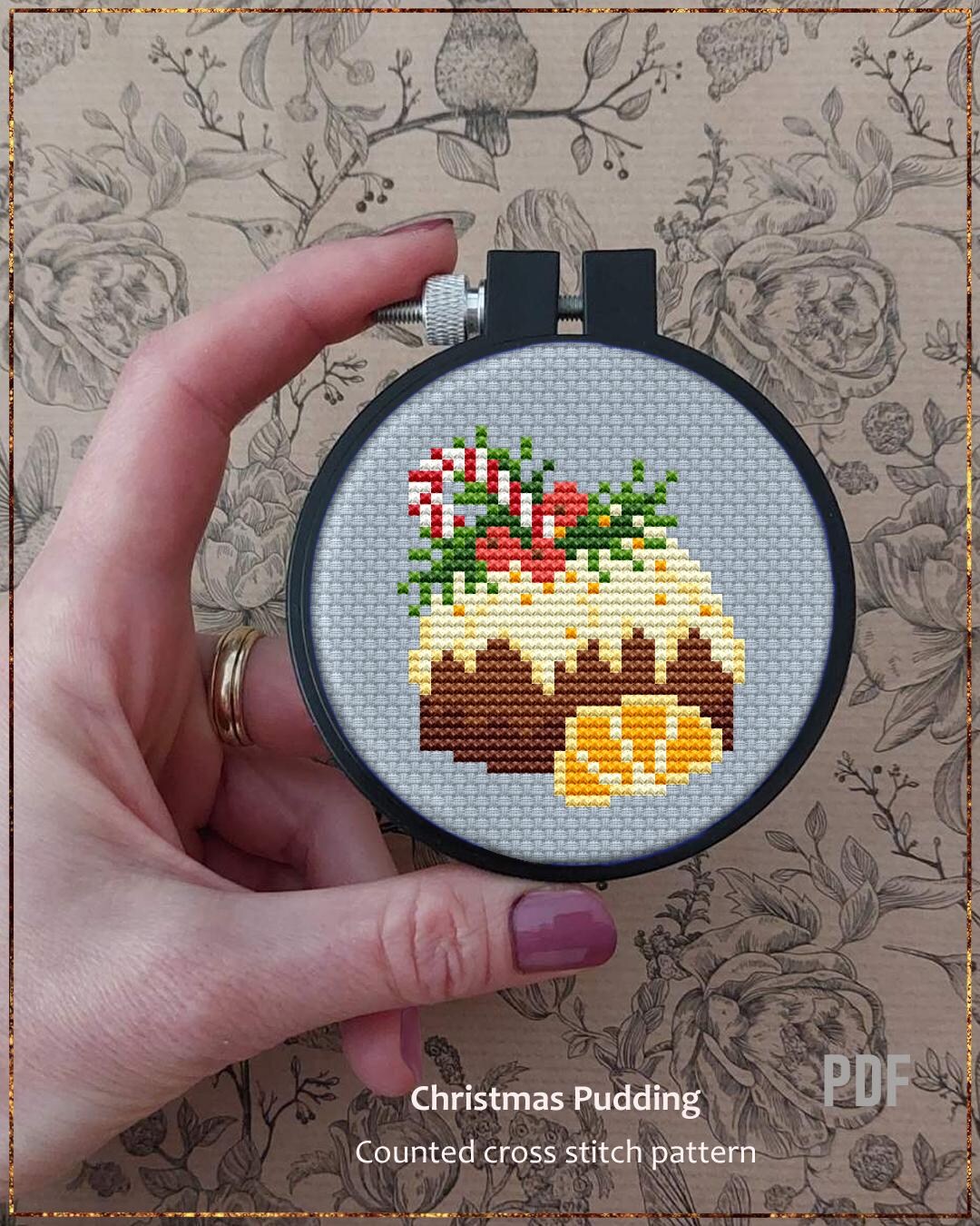 Mini Christmas Pudding Cross Stitch Pattern, Holly Sugar Cane Festive ...