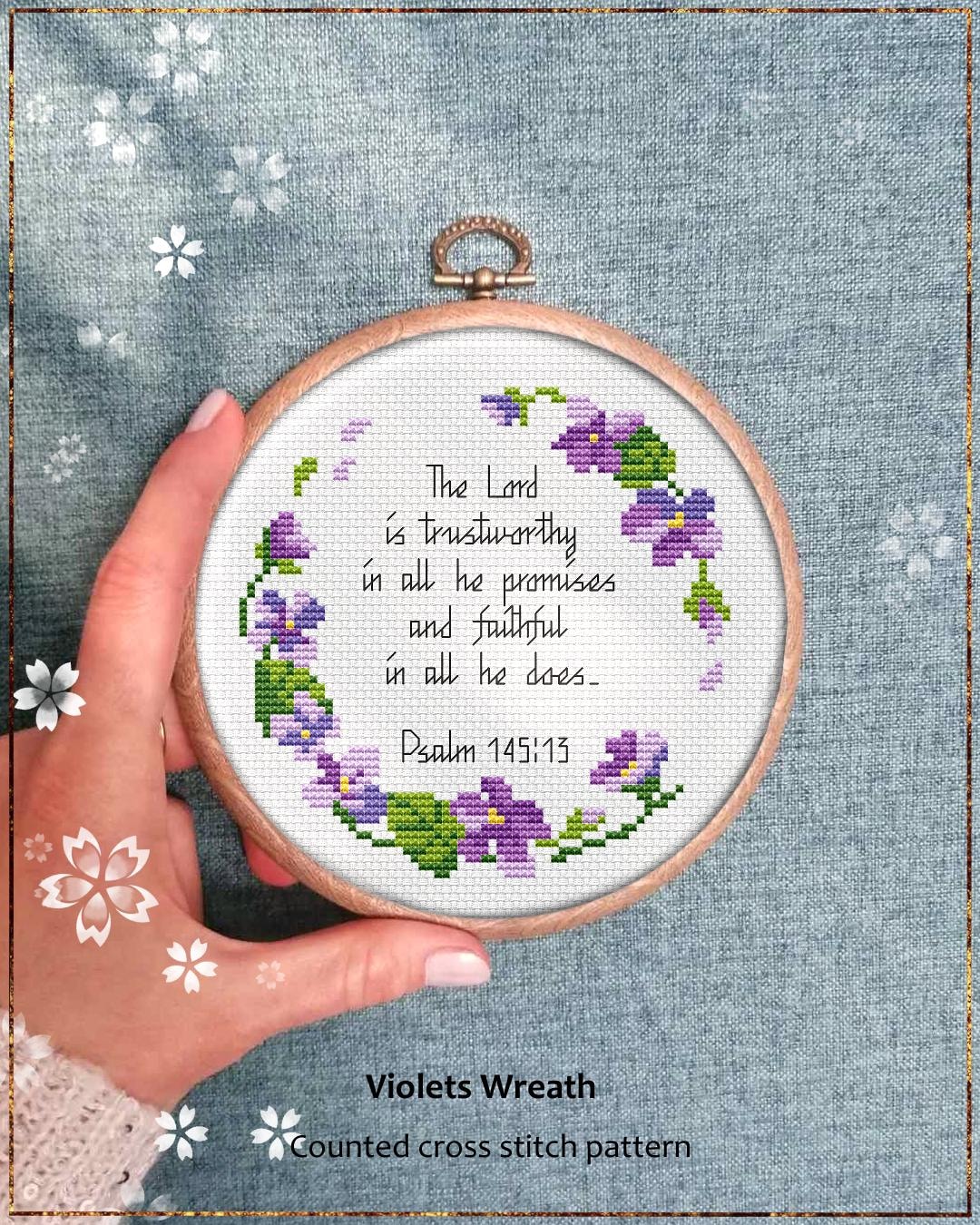 Violets Wreath Cross Stitch Pattern, Christian Quote Design, Bible ...