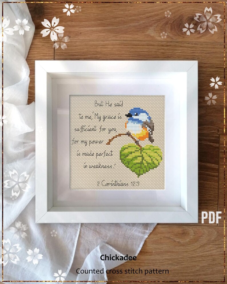 Chickadee Cross Stitch Pattern, Bible Verse Design 2 Corinthians 12 ...