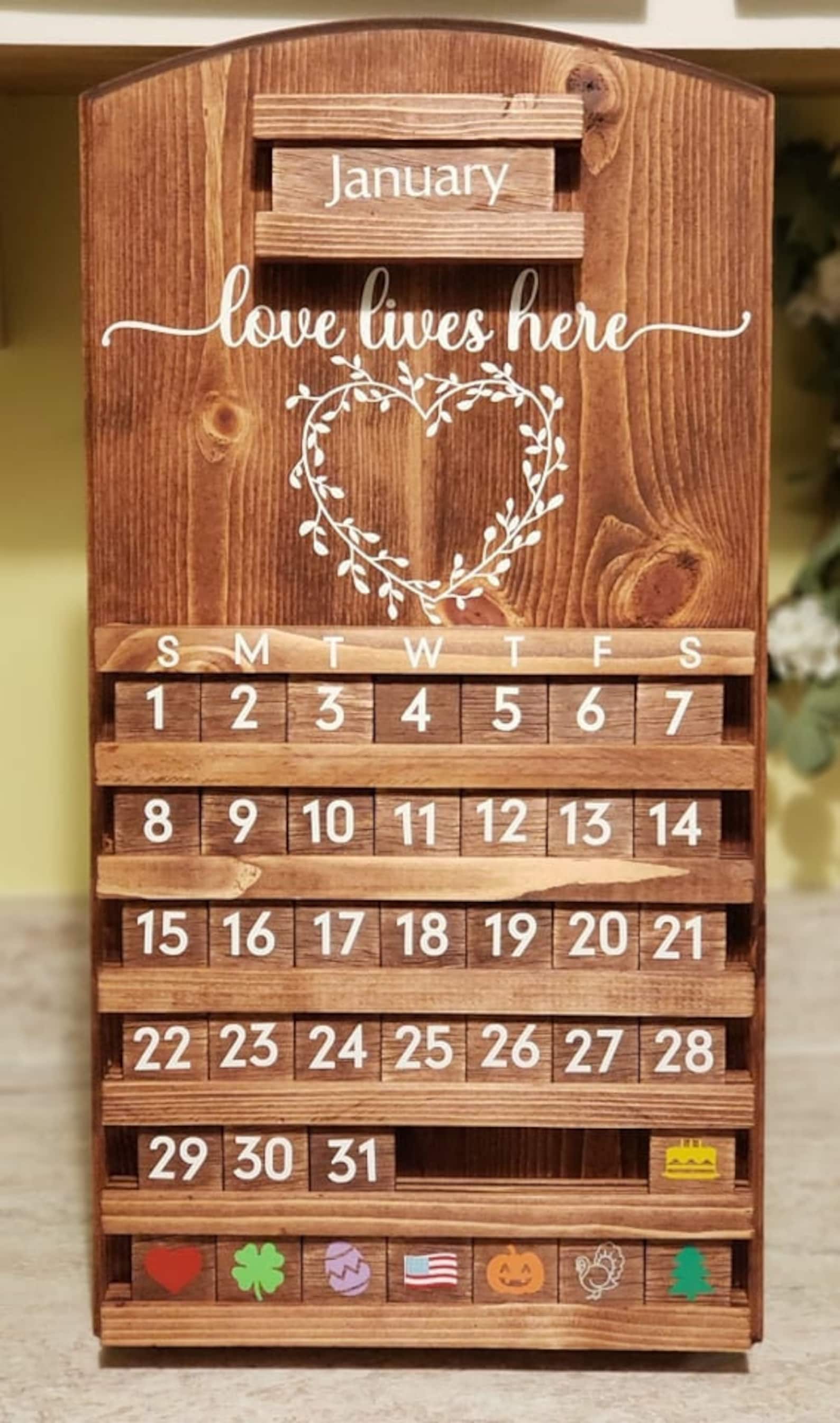 Love Lives Here Heart Perpetual Calendar - Wood Calendar Wedding Gift ...