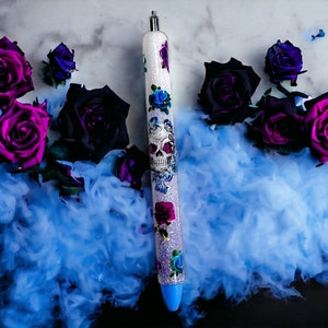 Purple Blue Floral Skull Pen / Skull Pen / Goth Pen / Skull and Flowers ...