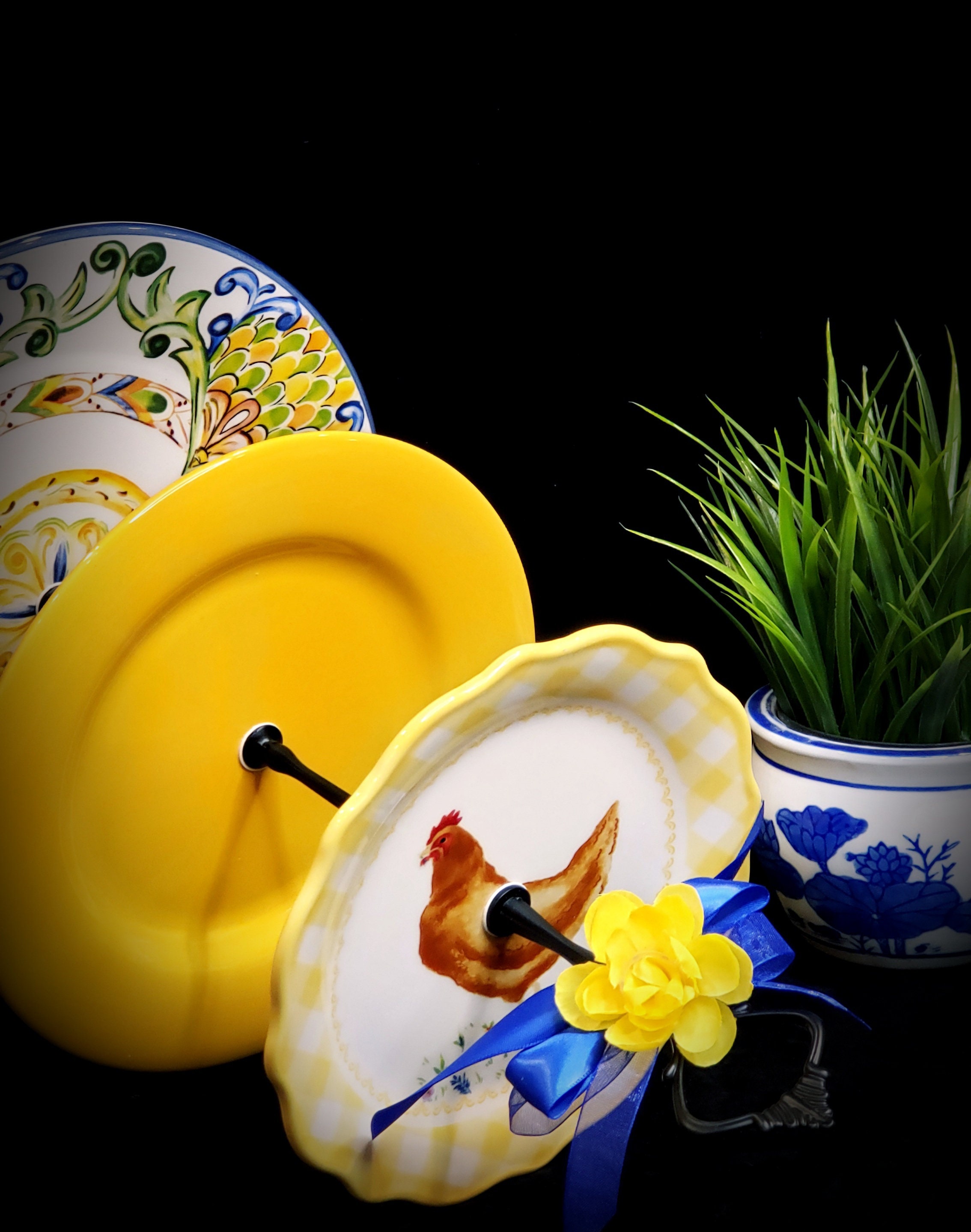 PIONEER Woman 3 TIER Mismatch Plates, Yellow Gingham CHICKEN, Artistic ...