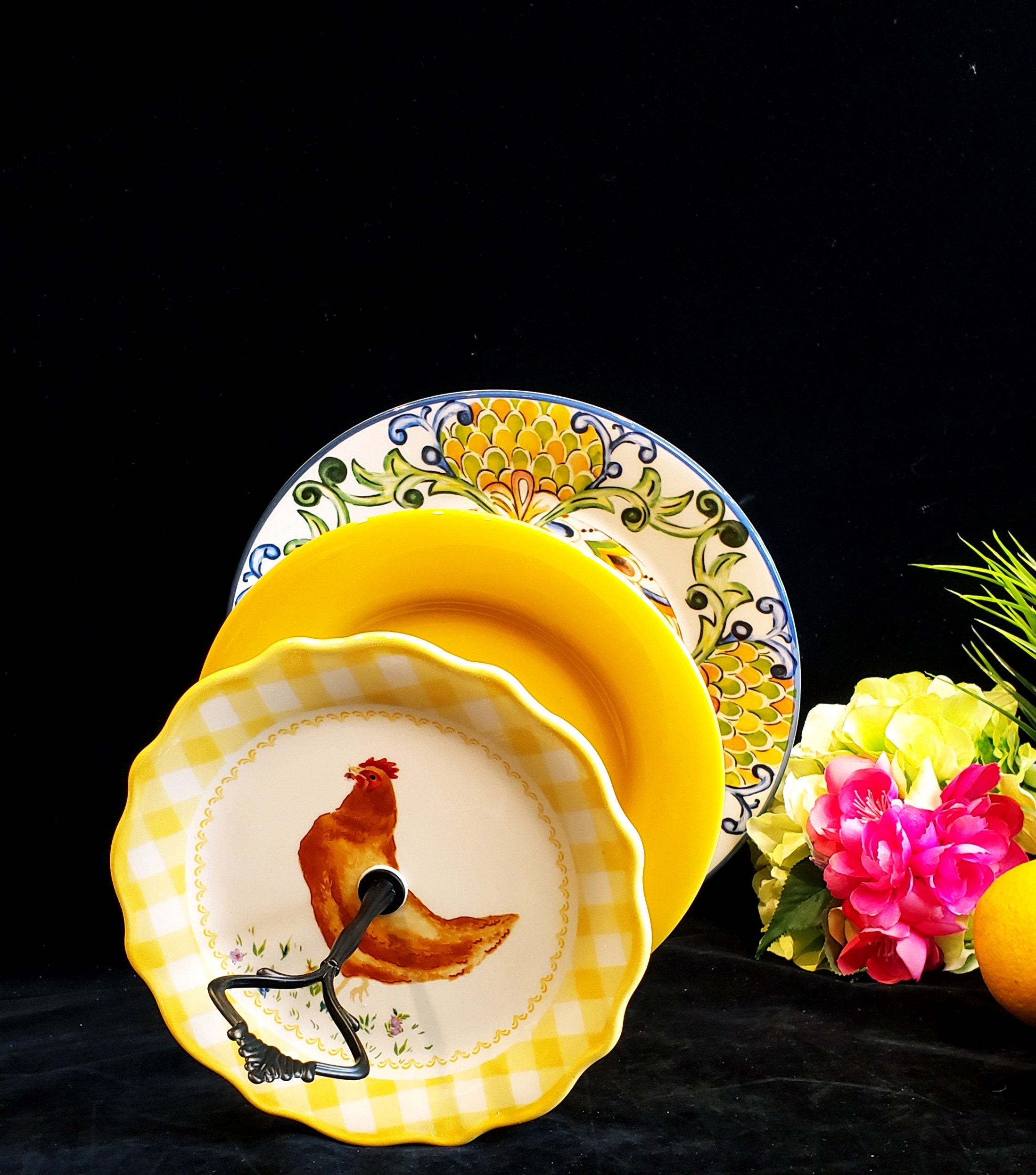 PIONEER Woman 3 TIER Mismatch Plates, Yellow Gingham CHICKEN, Artistic ...