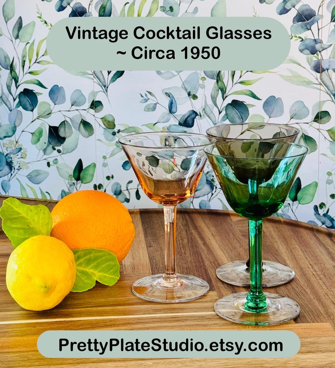 Vintage Coupe Cocktail Glasses, Set of 3: Emerald, Peach, Gray, C. 1950 ...