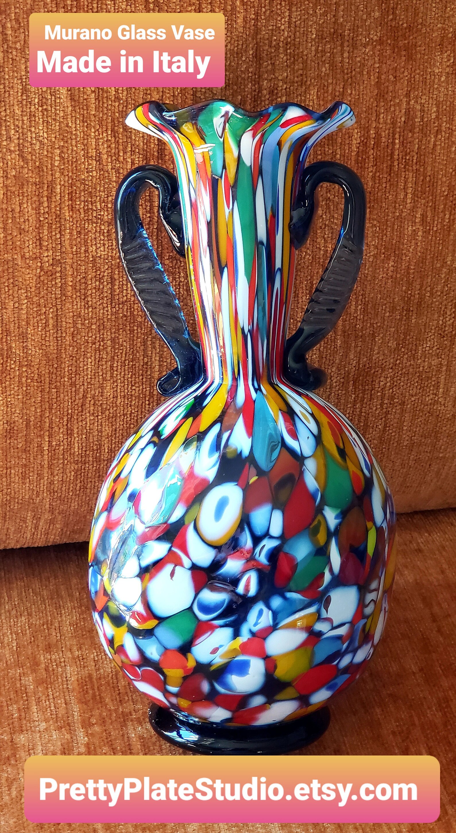 MURANO GLASS Stunning Multi-colored VASE, Handcrafted in Vecchia Italy ...