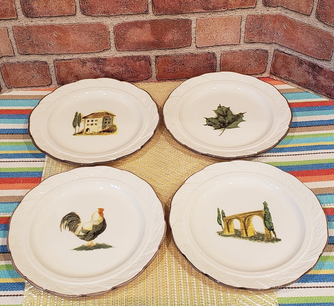 Rustic ITALIAN SALAD or Luncheon PLATES, Cream W/brown Trim, Designed ...