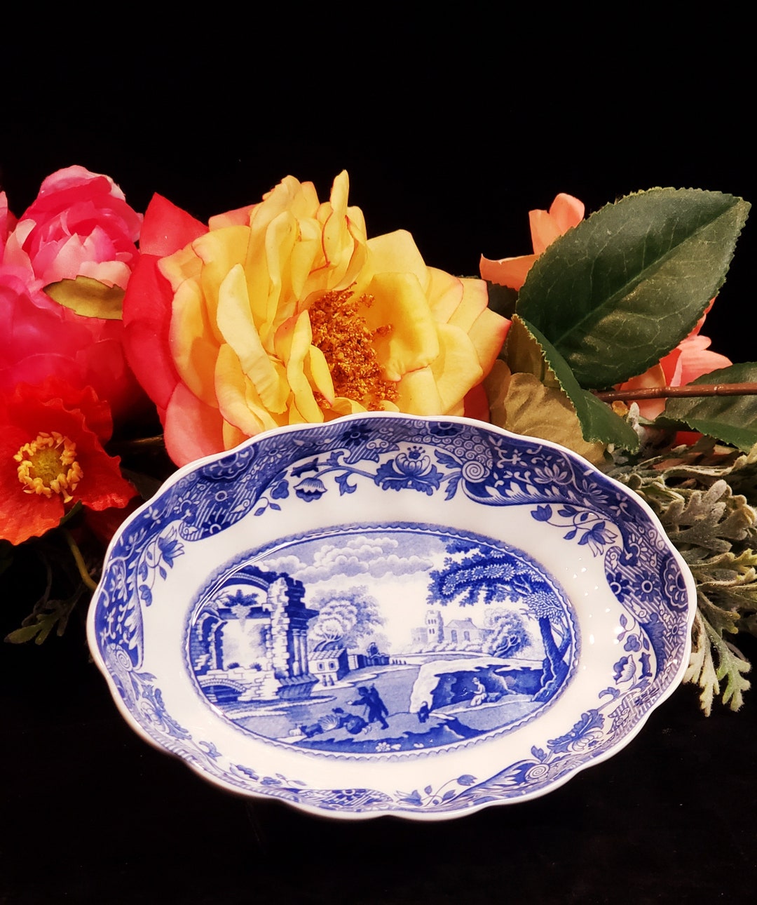 SPODE BLUE ITALIAN Vtg Collectible Scalloped Oval Trinket Dish, Vanity ...