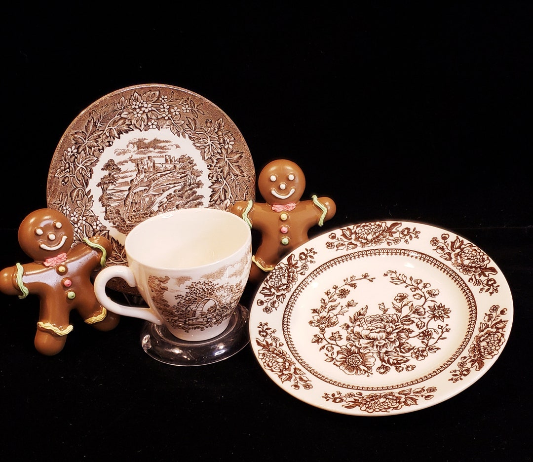 Mismatch Brown Trio: Staffordshire Hand Engraved Saucer, Teacup ...