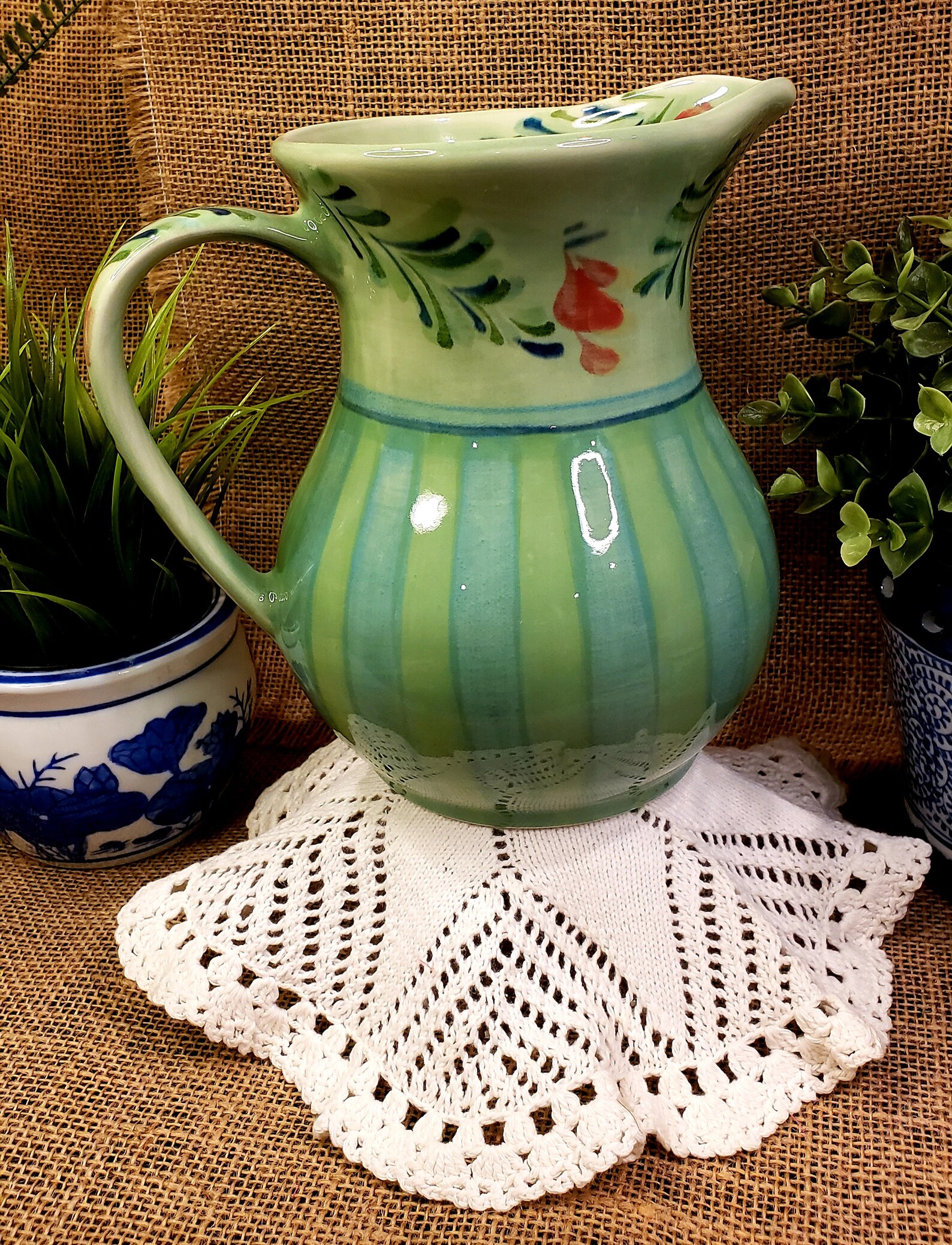 Pottery Pitcher Gail Pittman Hand Painted Boho Green Floral - Etsy