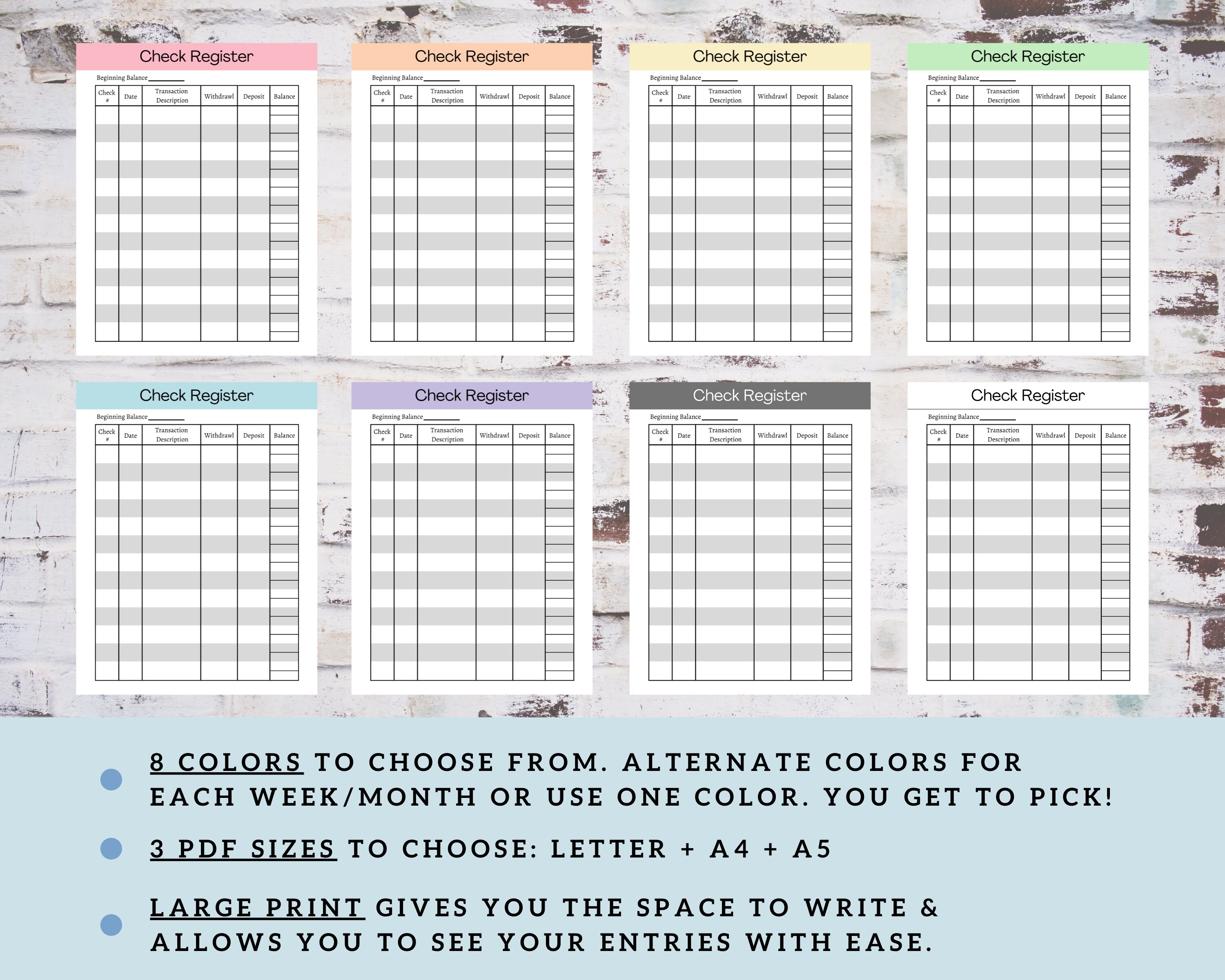 Check Register, Checkbook Register, Large Print Check Register ...