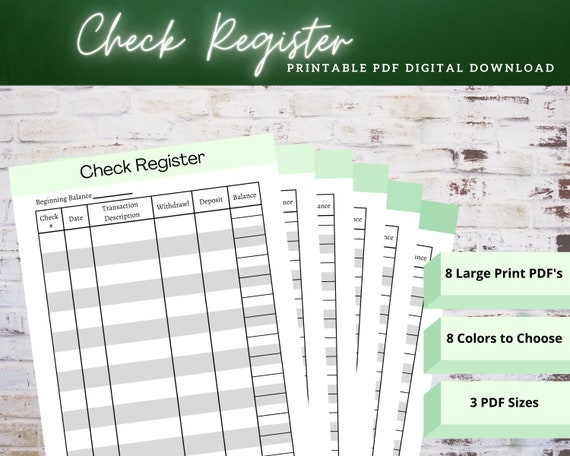 Check Register Checkbook Register Large Print Check | Etsy