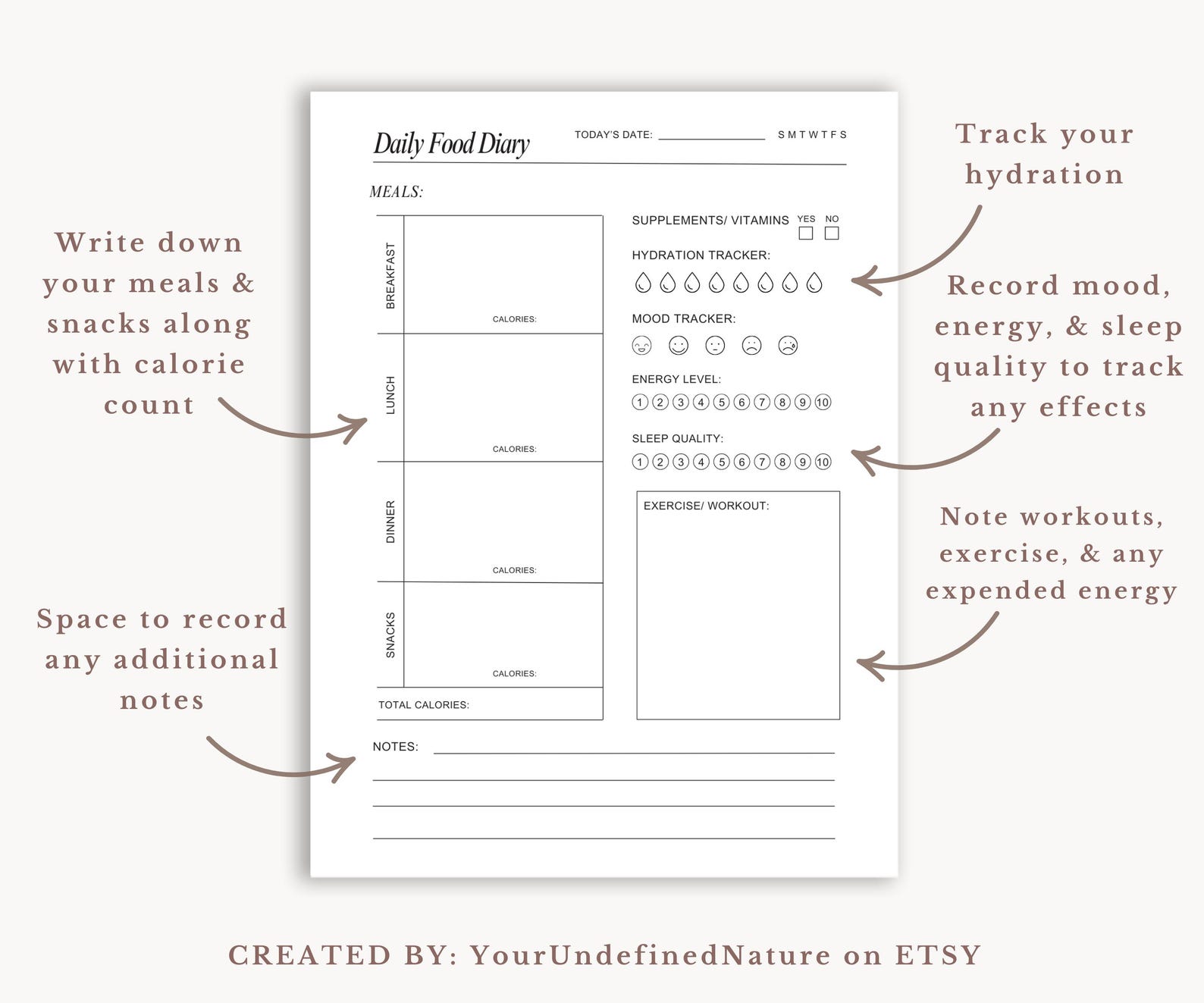 Printable Daily Food Diary, Food Journal & Calorie Tracker, Meal ...