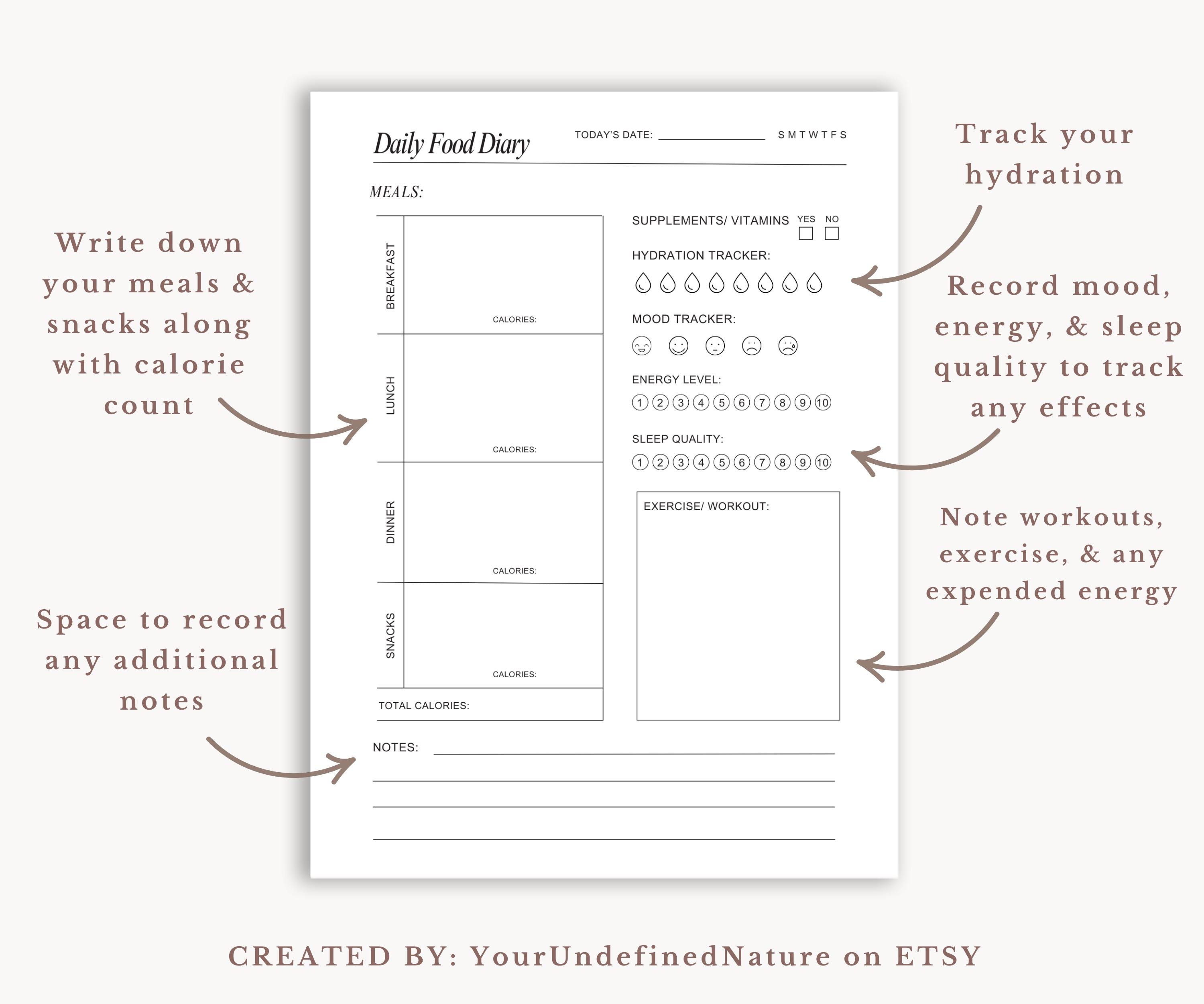 Printable Daily Food Diary, Food Journal & Calorie Tracker, Meal ...